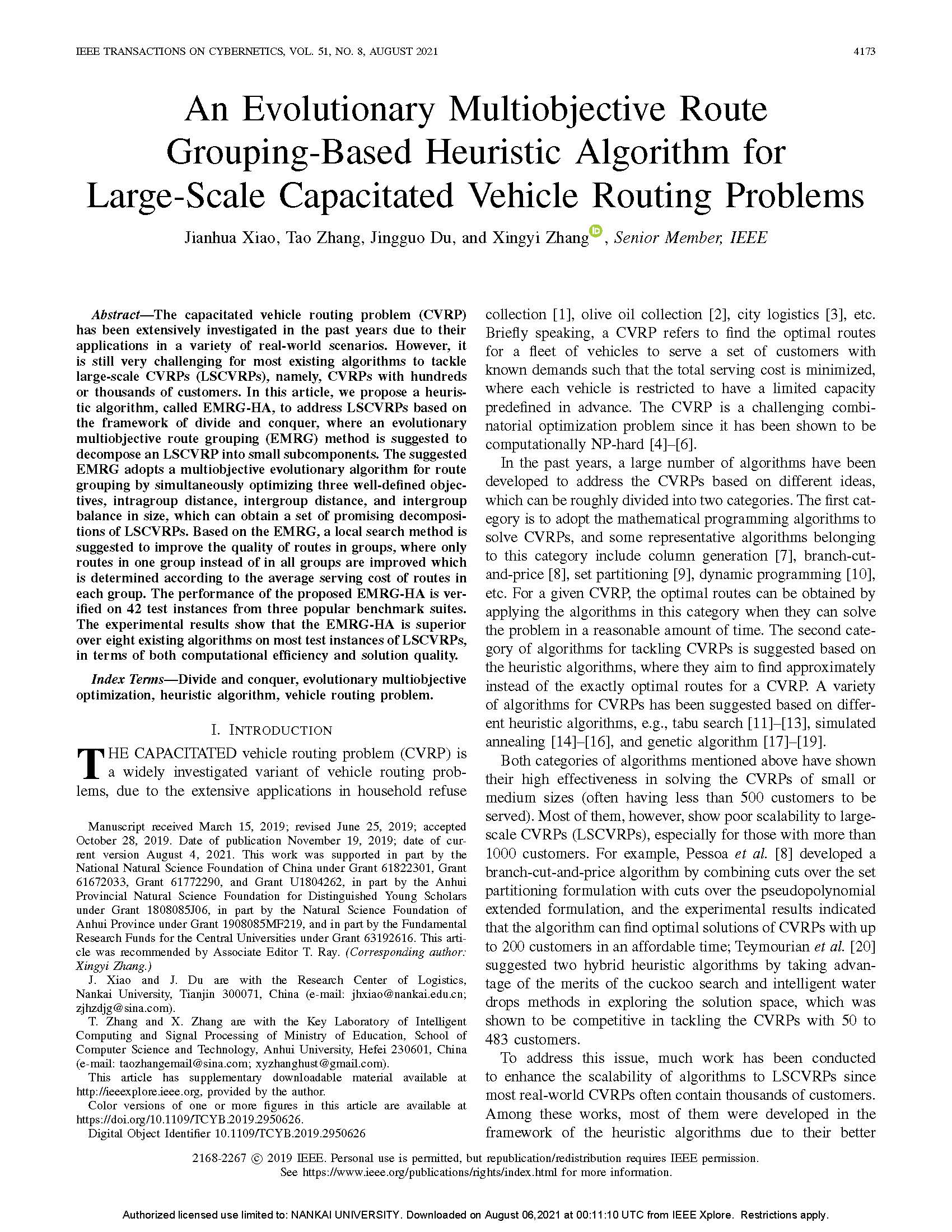 An Evolutionary Multiobjective Route Grouping Based Heuristic Algorithm For Large Scale